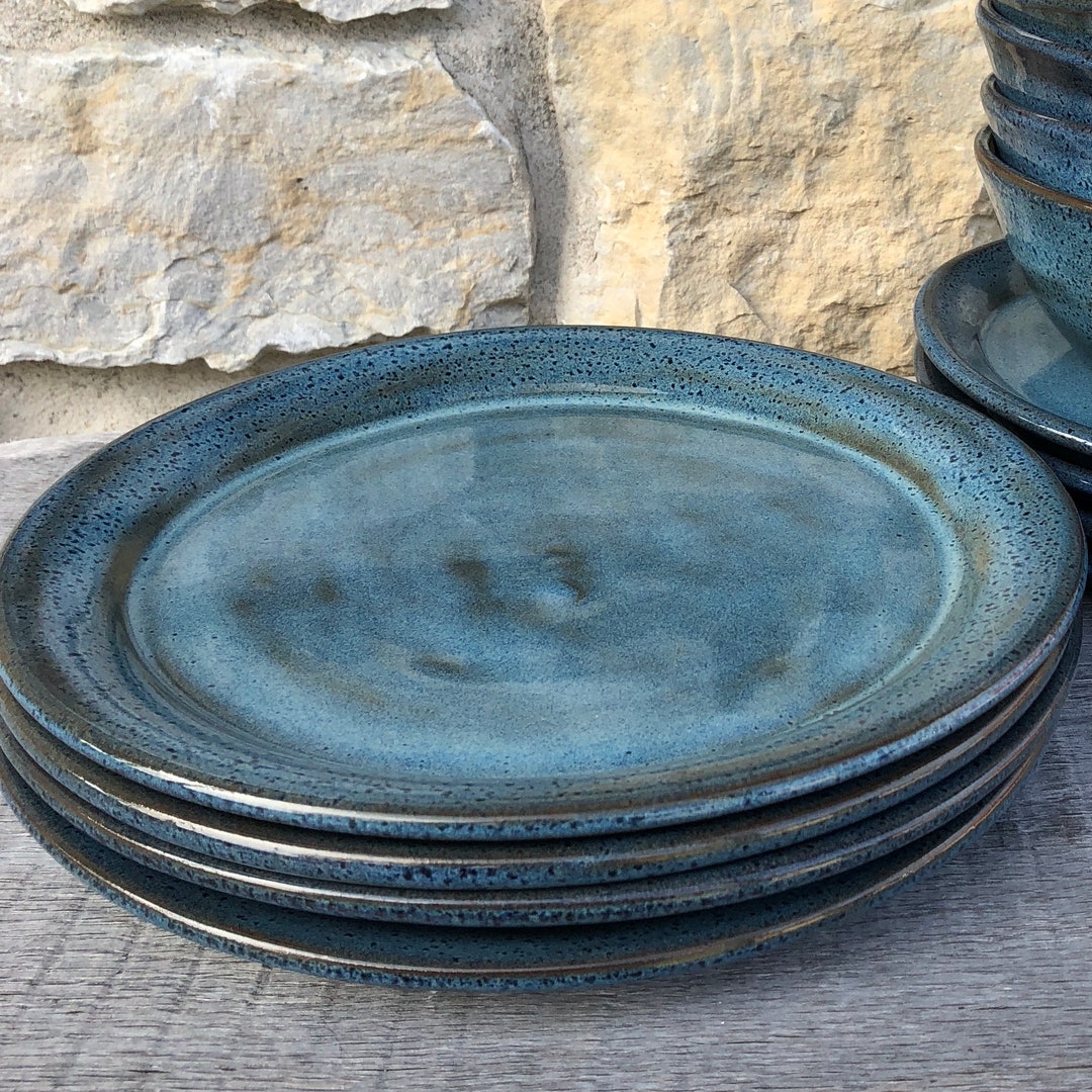Pottery Dinner Plates: Wheel Thrown Rutile Blue Stoneware, Set of 4 ...