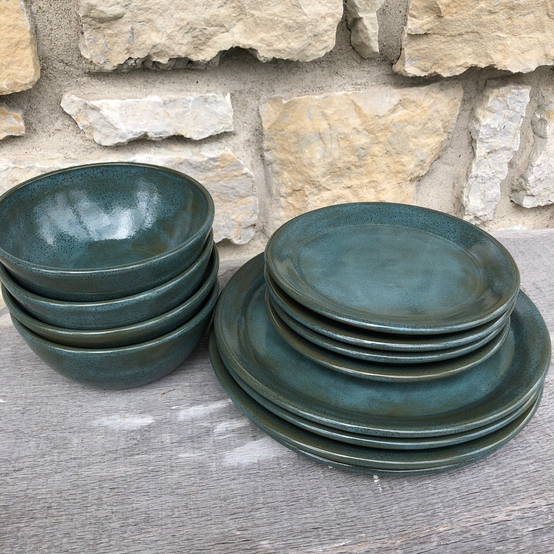 Pottery Dinnerware Service for Four 12pc Handmade Dishes Blue/green ...