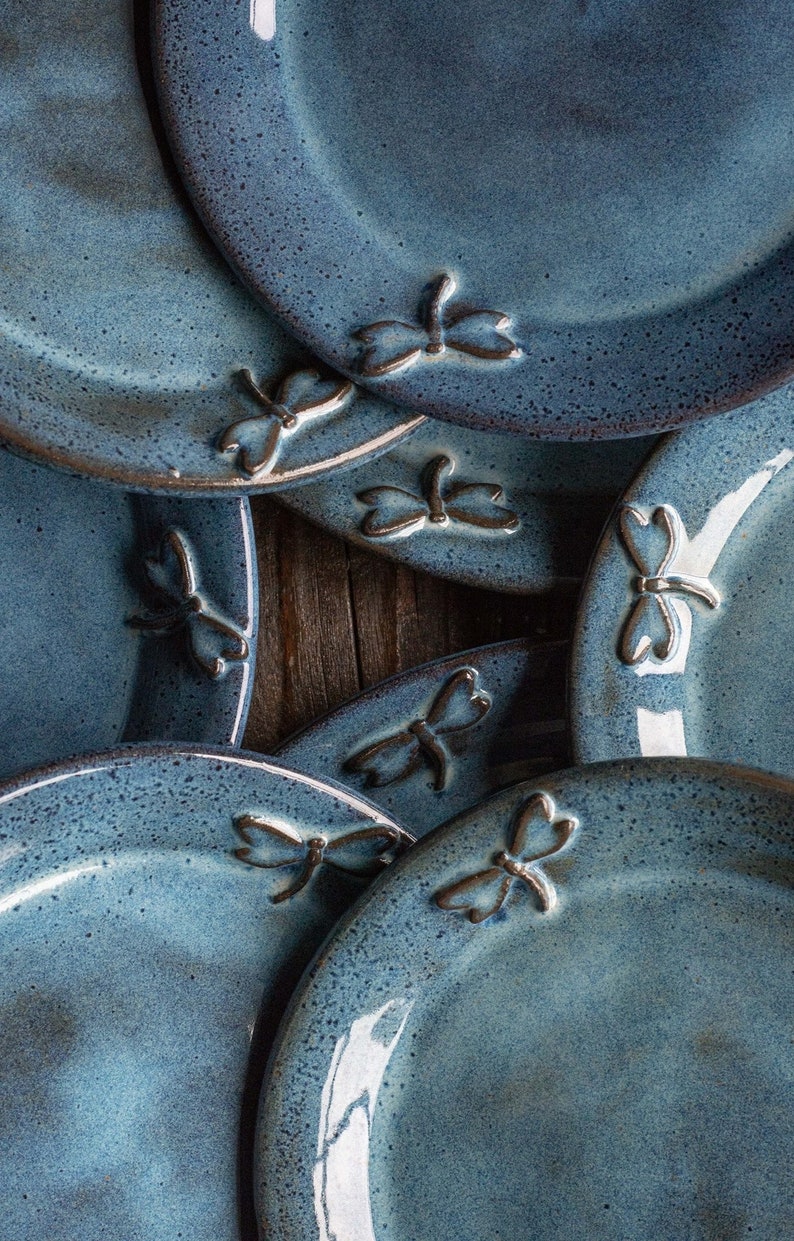 Dragonfly Dinner Plates Stoneware Wheel Thrown Pottery 4pc - Etsy