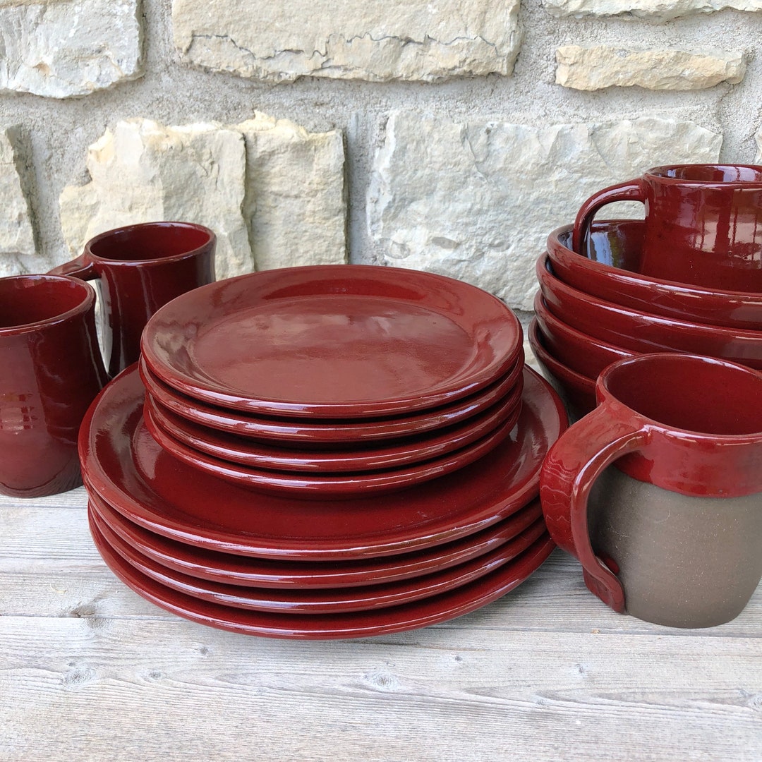 Red Pottery Dinnerware Service for Four Handmade Dishes Made to Order ...