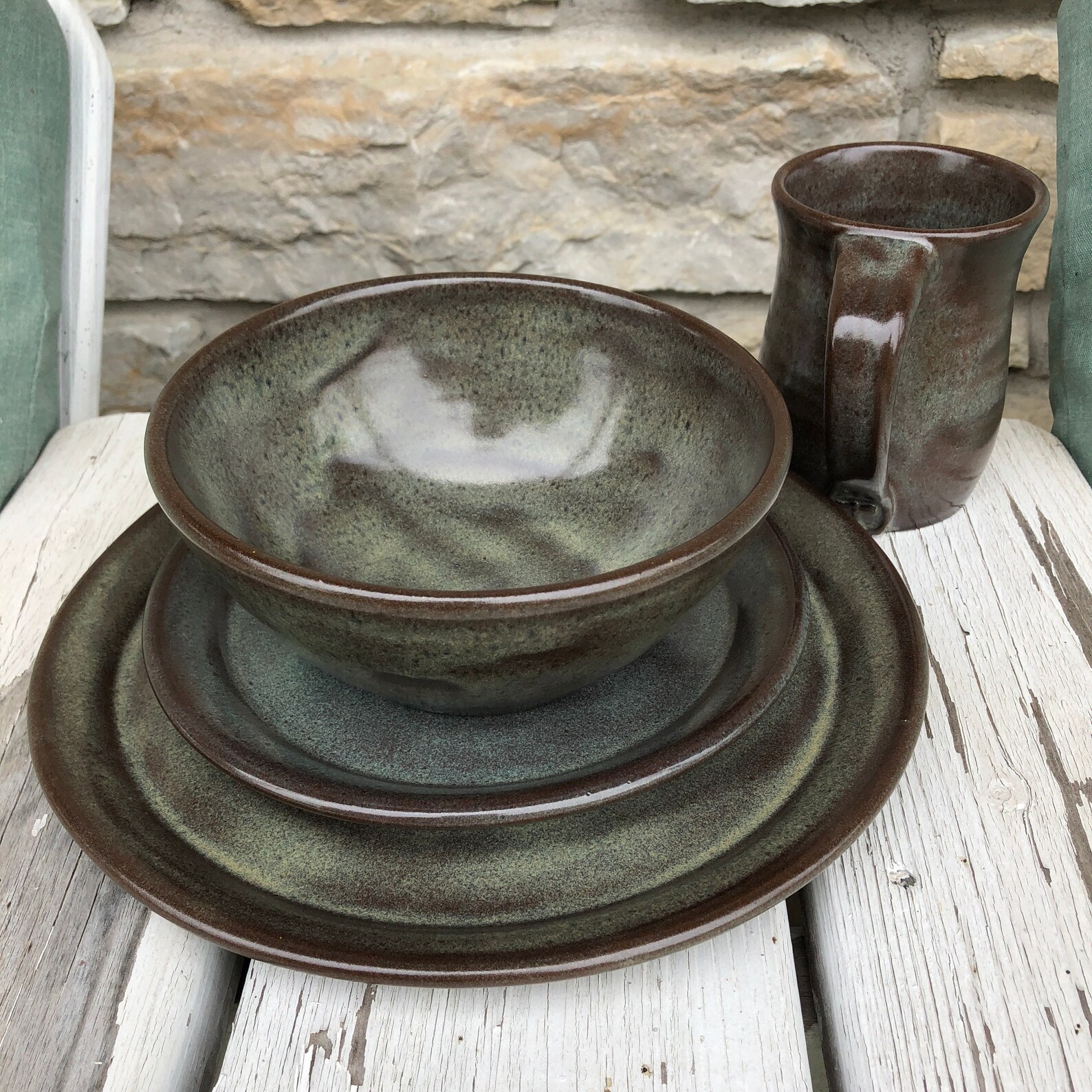 3 Piece Pottery Dinnerware Set in Iron Lustre Handmade Dishes. - Etsy