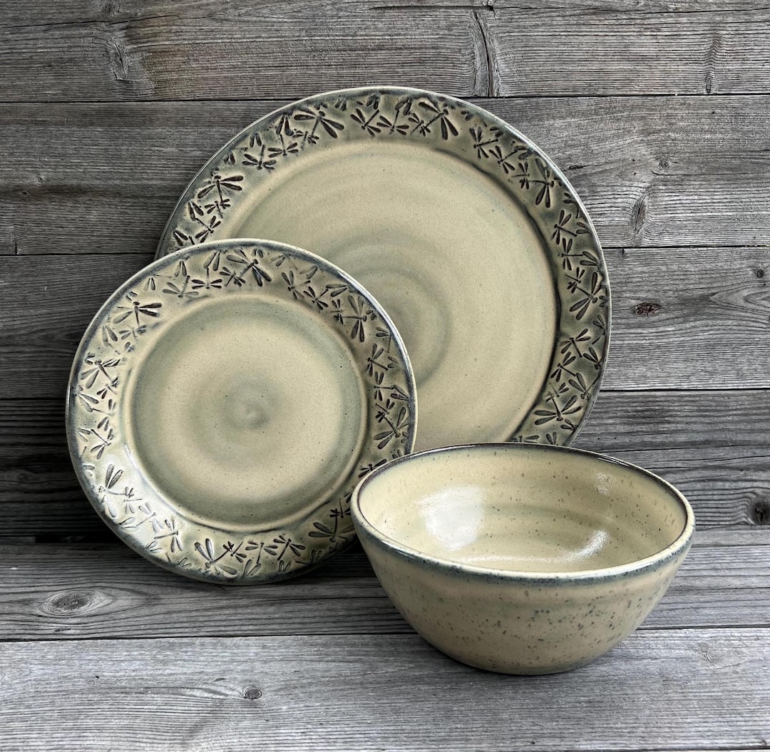 Dragonfly Pottery Dinnerware With Dancing Dragonflies 3pc Set **made to ...