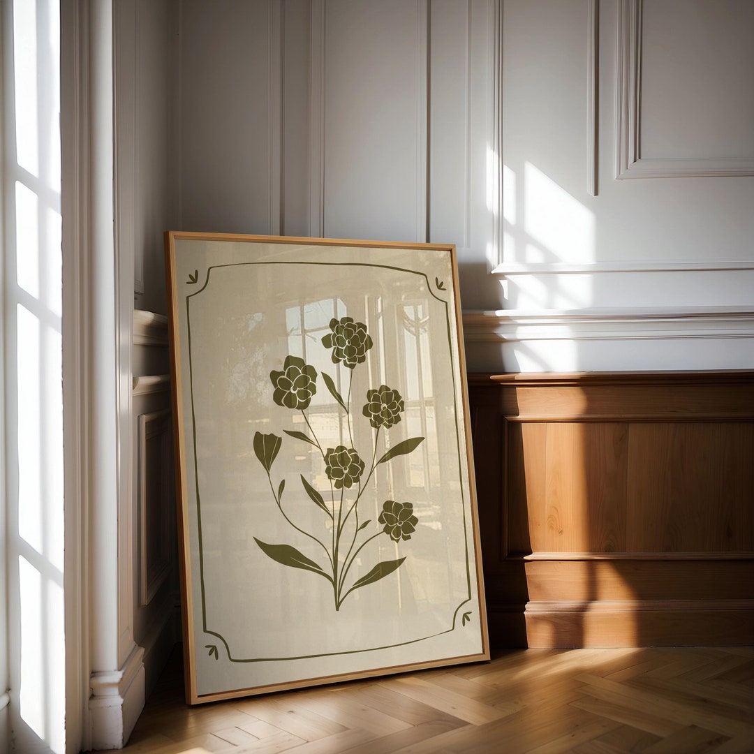 Wildflower Print, Beige and Dark Green Print, Botanical Wall Art ...