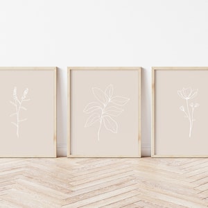 Neutral Botanical Print Set of 3, Neutral Flower Line Art Set, Abstract ...