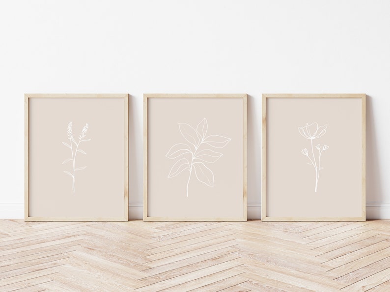 Neutral Botanical Print Set of 3 Neutral Flower Line Art Set - Etsy