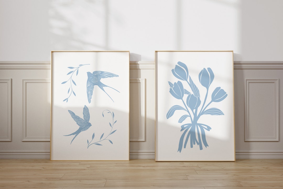 Blue and White Wall Art Set of Two, Baby Blue Prins, Vintage Floral ...