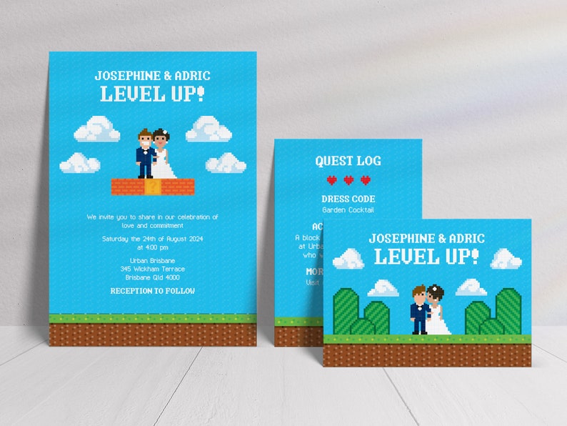 Gamer Retro 8-bit Wedding Invitation Suite Editable Template - Etsy