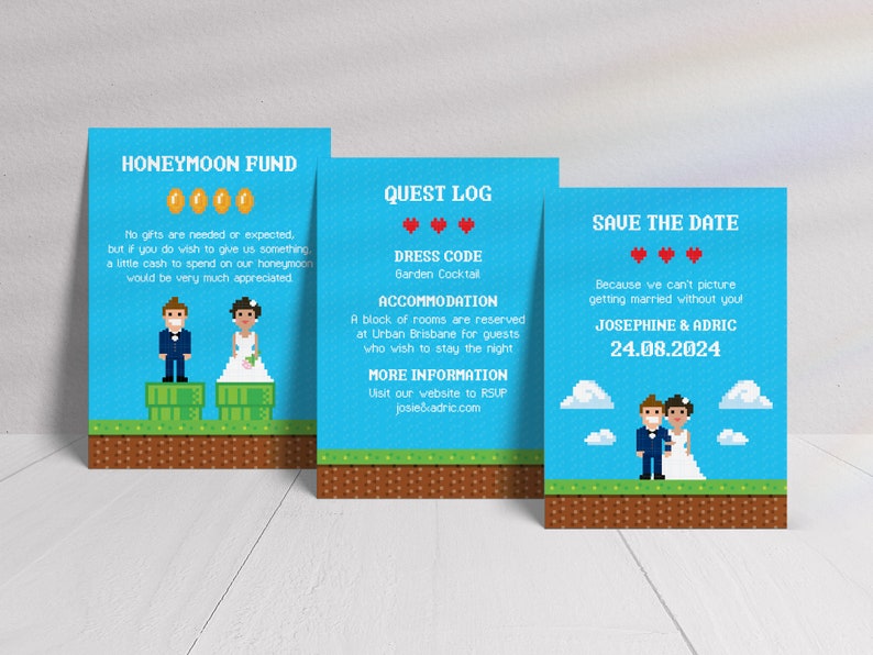 Gamer Retro 8-bit Wedding Invitation Suite Editable Template - Etsy