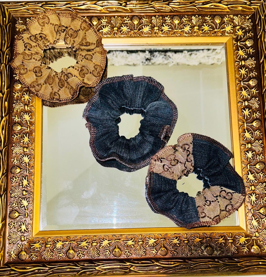 Reworked Brown Designer Fabric & Denim Scrunchie Trio/handmade Hair ...