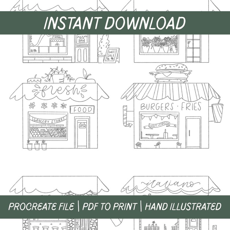 Tiny Storefronts Coloring Page: Whimsical Line Art (procreate ...