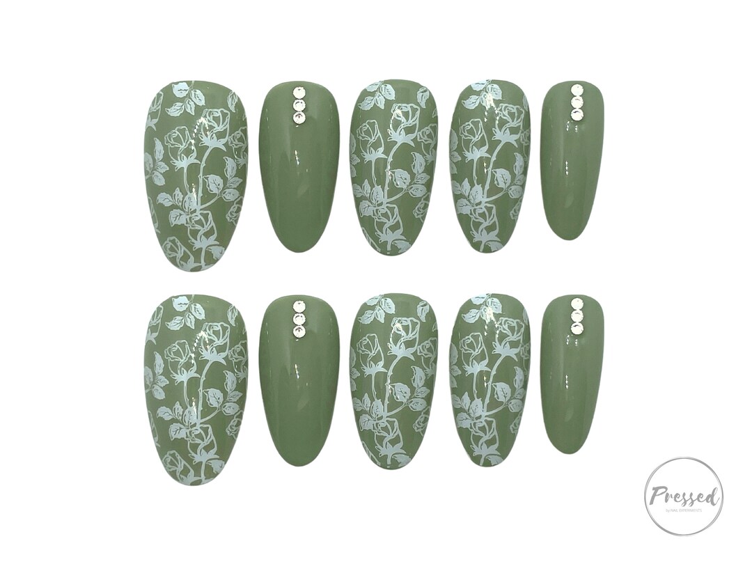 Sage Green Nails, Floral Nails, Spring Nails, Crystal Nails, Flower ...