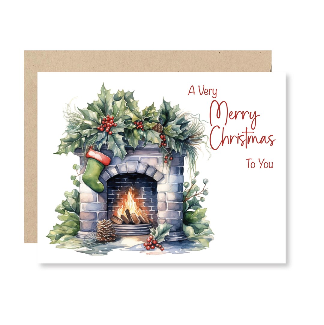 Merry Christmas Fireplace Greeting Notecard - Etsy