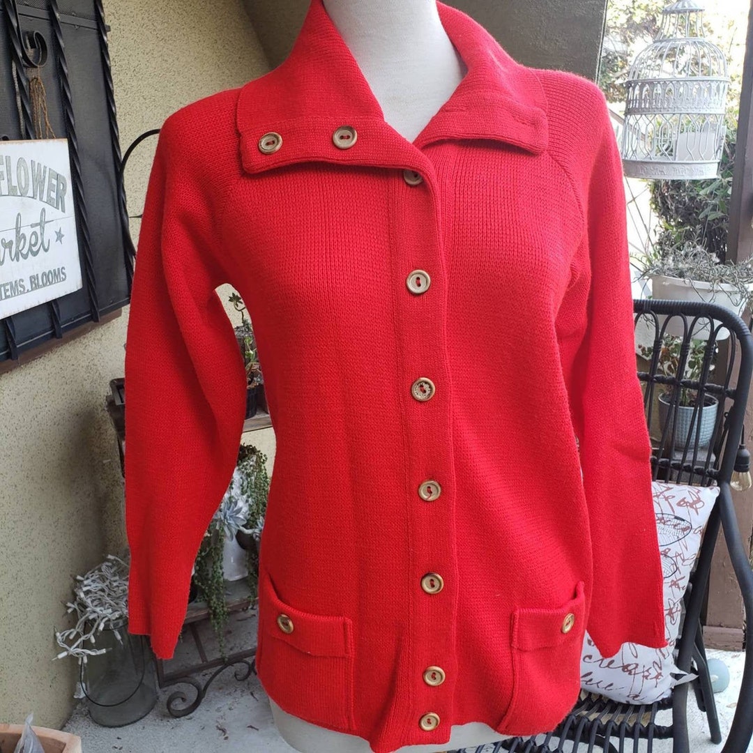 Vintage Red Button Down Cardigan Sweater Bright Bold Red Color Tan ...