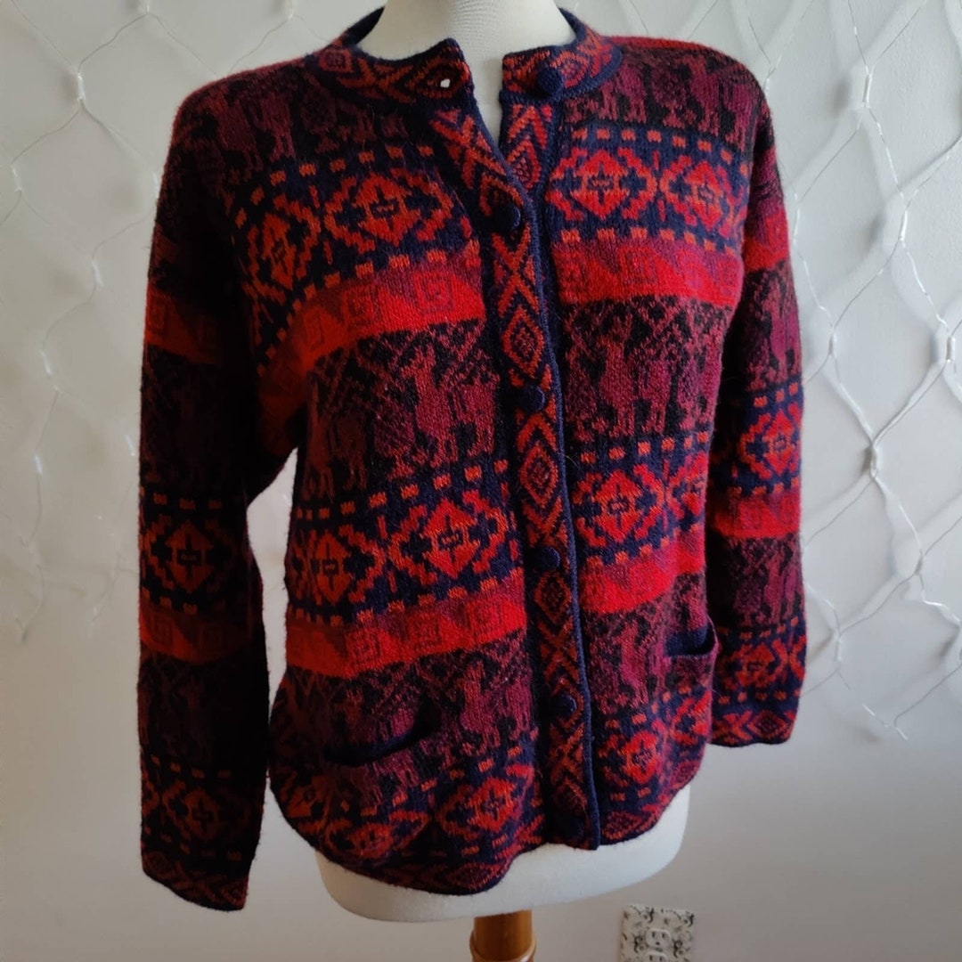 Vintage Alpaca Cardigan / Red & Blue / Size Med-large - Etsy
