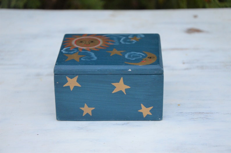 Vintage Wooden Jewelry Box. Sun, Moon and Stars Storage Box. Wooden ...
