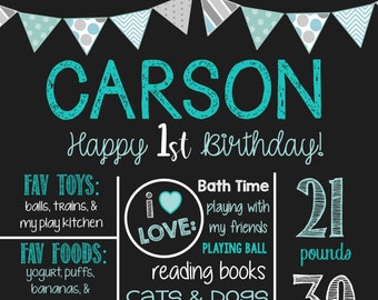 Boys 1st Birthday Chalkboard Sign Gray Blue printable | Etsy