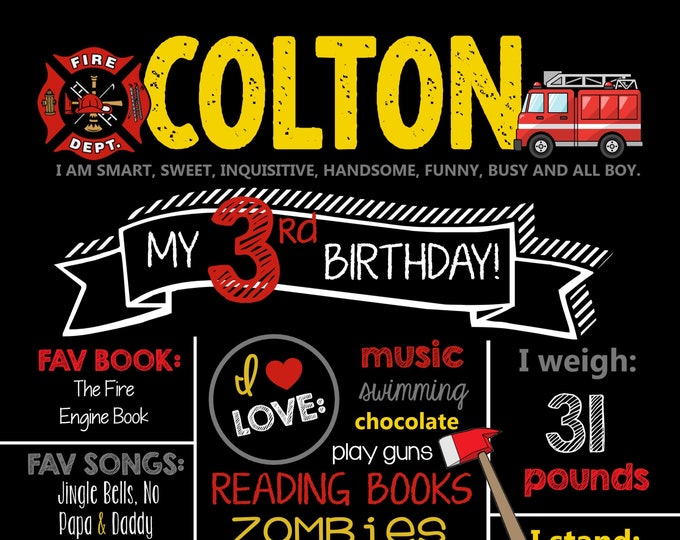 Firefighter Theme 1st Birthday Chalkboard Sign- Printable Birthday ...