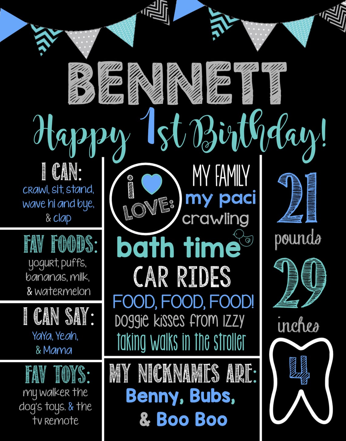 Boys 1st Birthday Chalkboard Sign Gray Blue Printable | Etsy