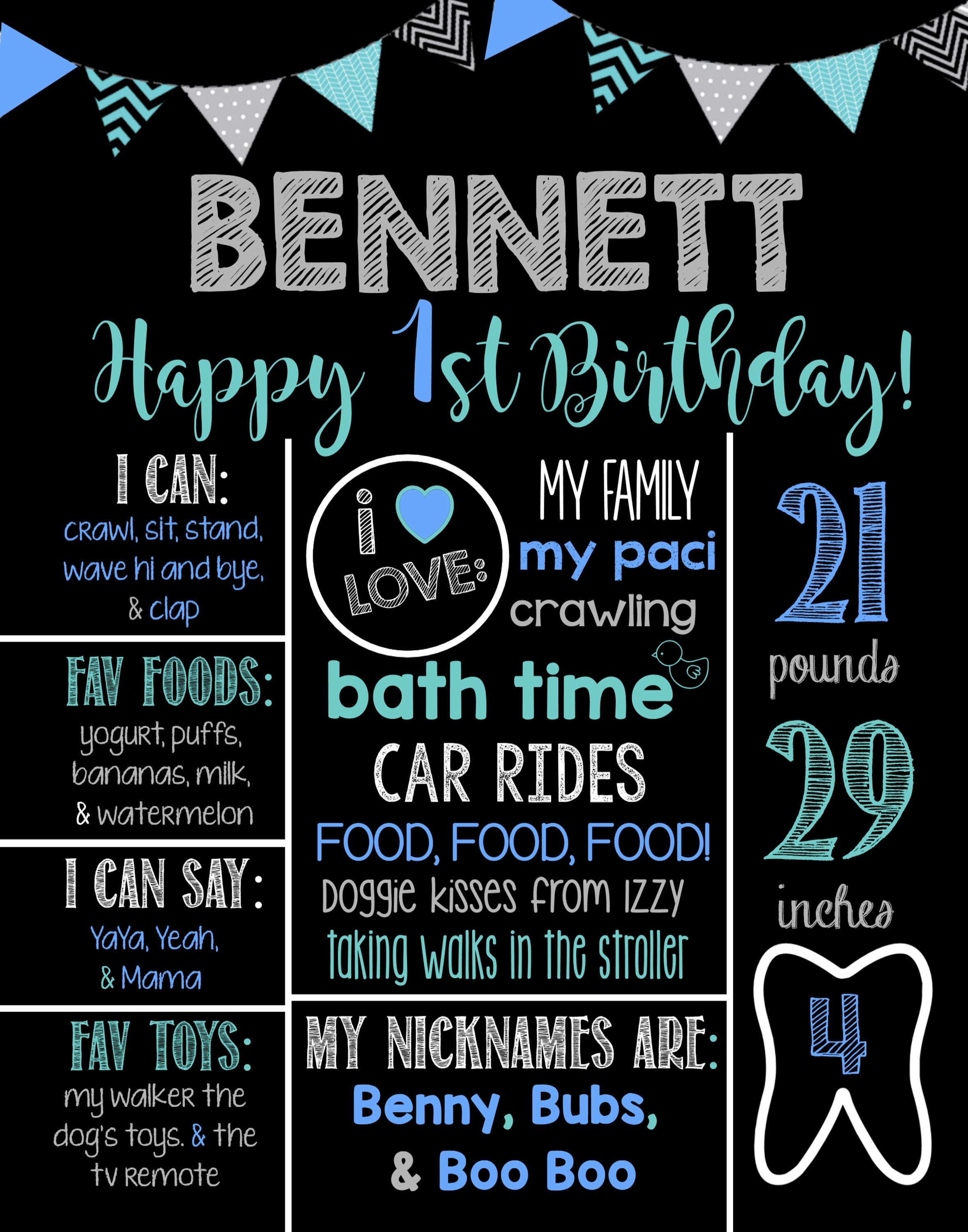Boys 1st Birthday Chalkboard Sign Gray Blue Printable | Etsy