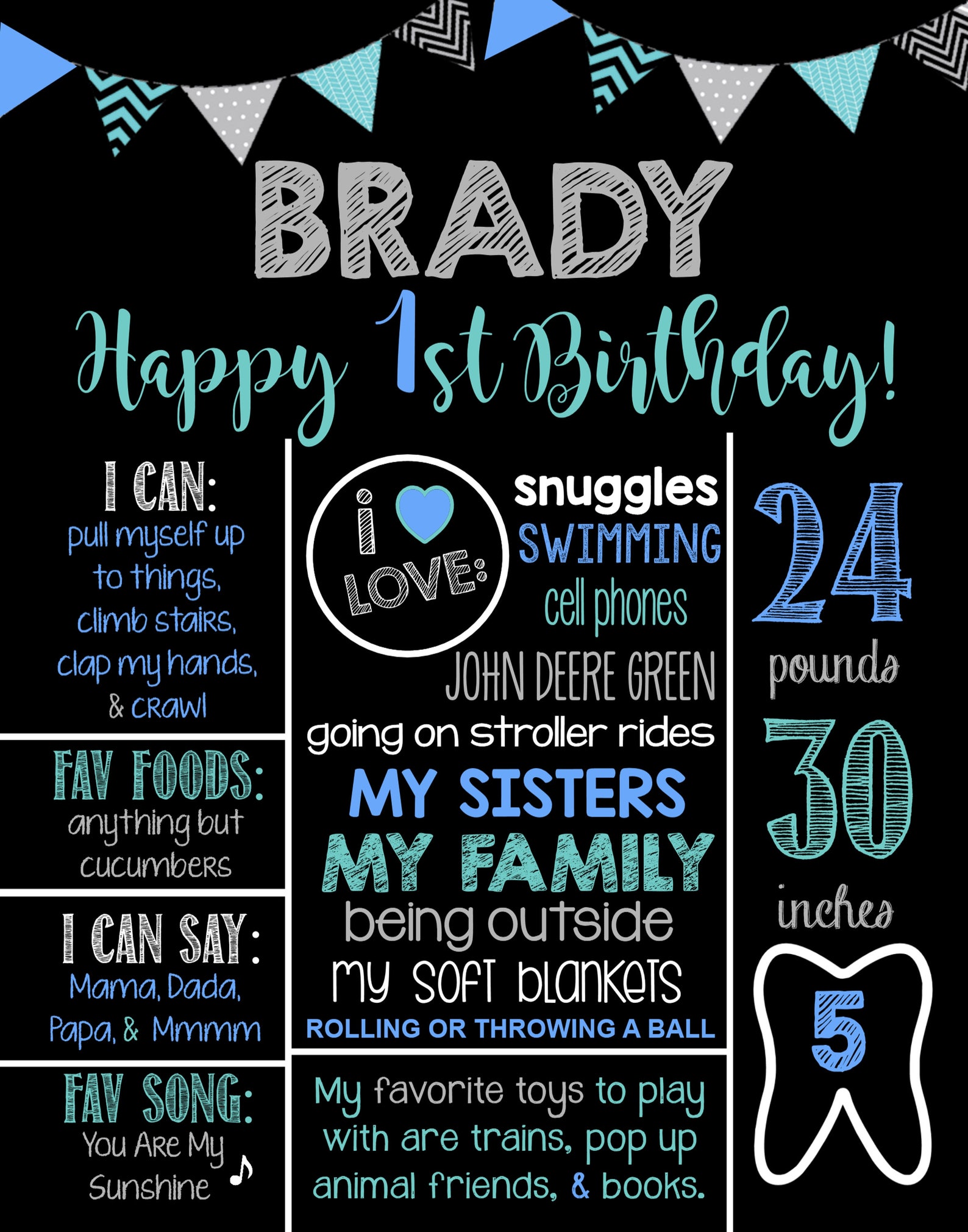 Boys 1st Birthday Chalkboard Sign Gray Blue Printable | Etsy