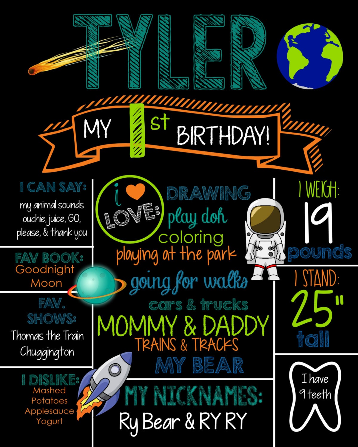 Space Theme 1st Birthday Chalkboard Sign Printable Birthday | Etsy