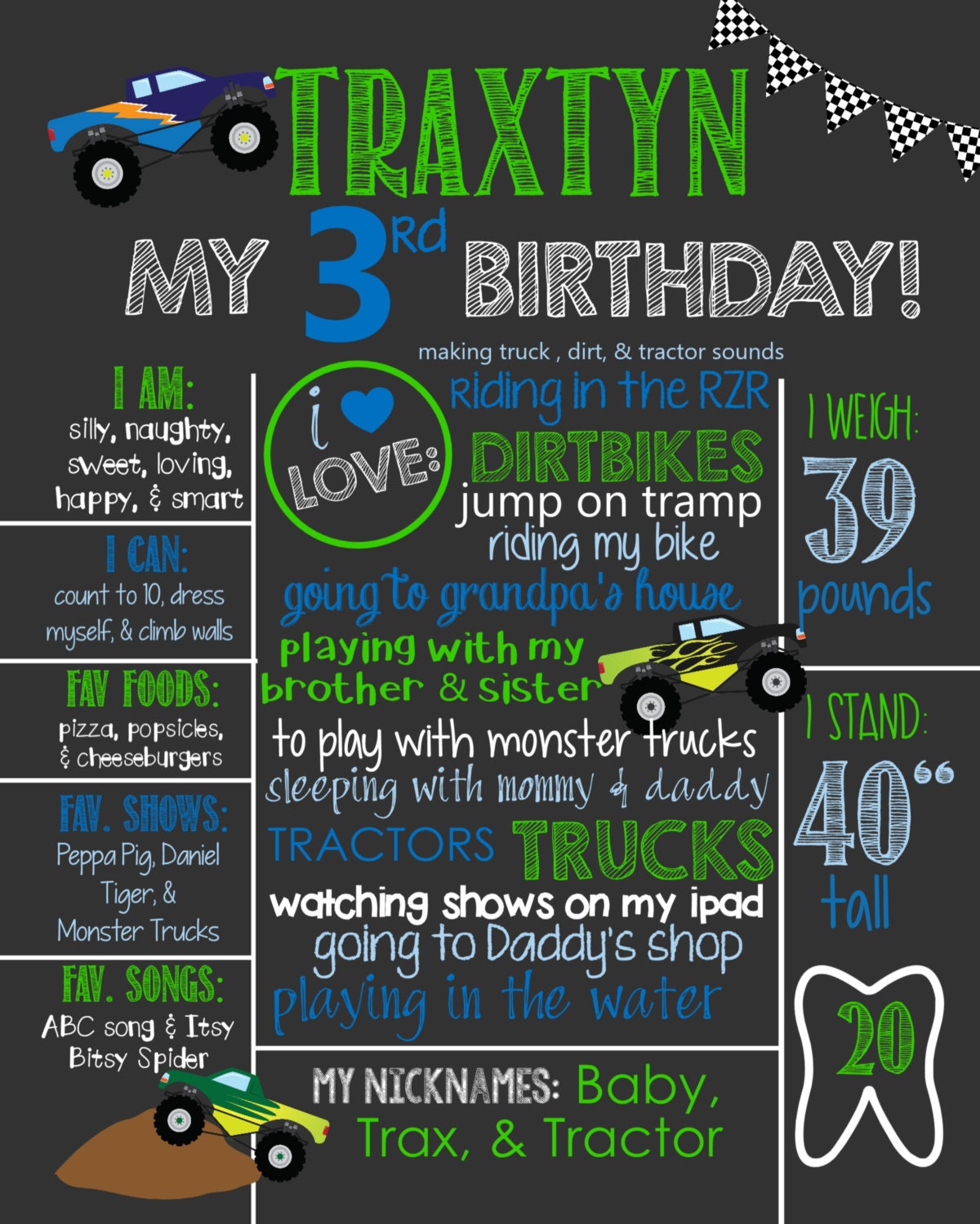 Monster Truck Theme Birthday Chalkboard Sign Printable | Etsy