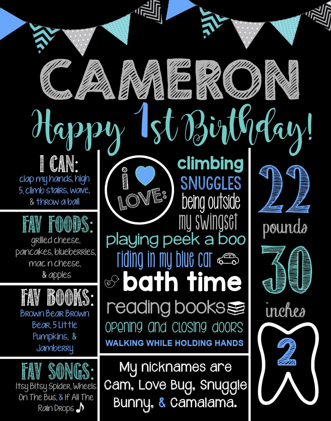 Boys 1st Birthday Chalkboard Sign Gray Blue Printable | Etsy