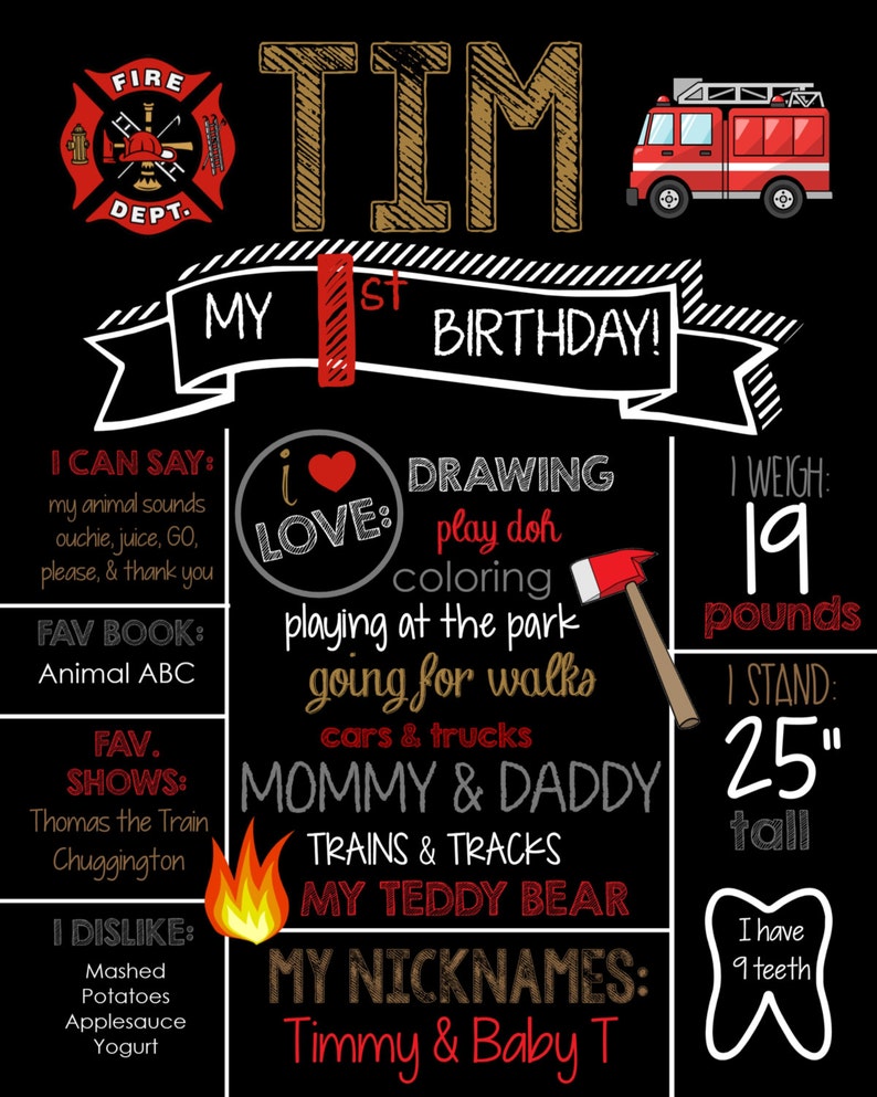 Firefighter Theme 1st Birthday Chalkboard Sign Printable | Etsy Firefighter Theme 1st Birthday Chalkboard Sign Printable | Etsy