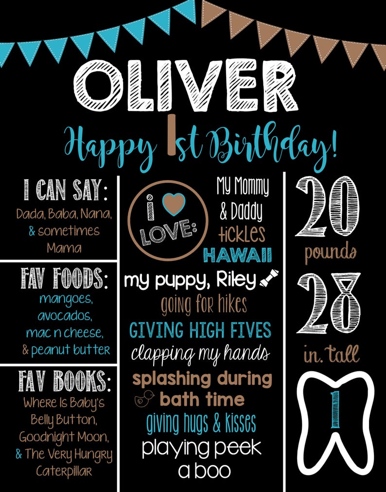Boys 1st Birthday Chalkboard Sign Brown Blue printable - Etsy