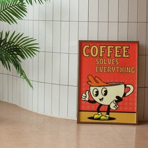 Coffee Solves Everything Retro Vintage Art Print Red+yellow Home Decor ...