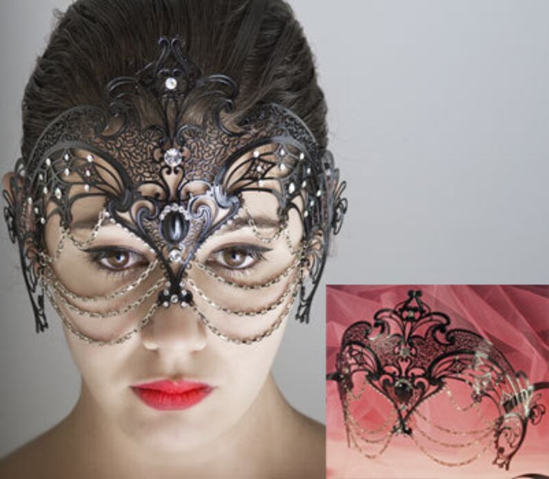 Masquerade Metal Mask Laser Cut - Black Sexy Mask for Women With Chains ...