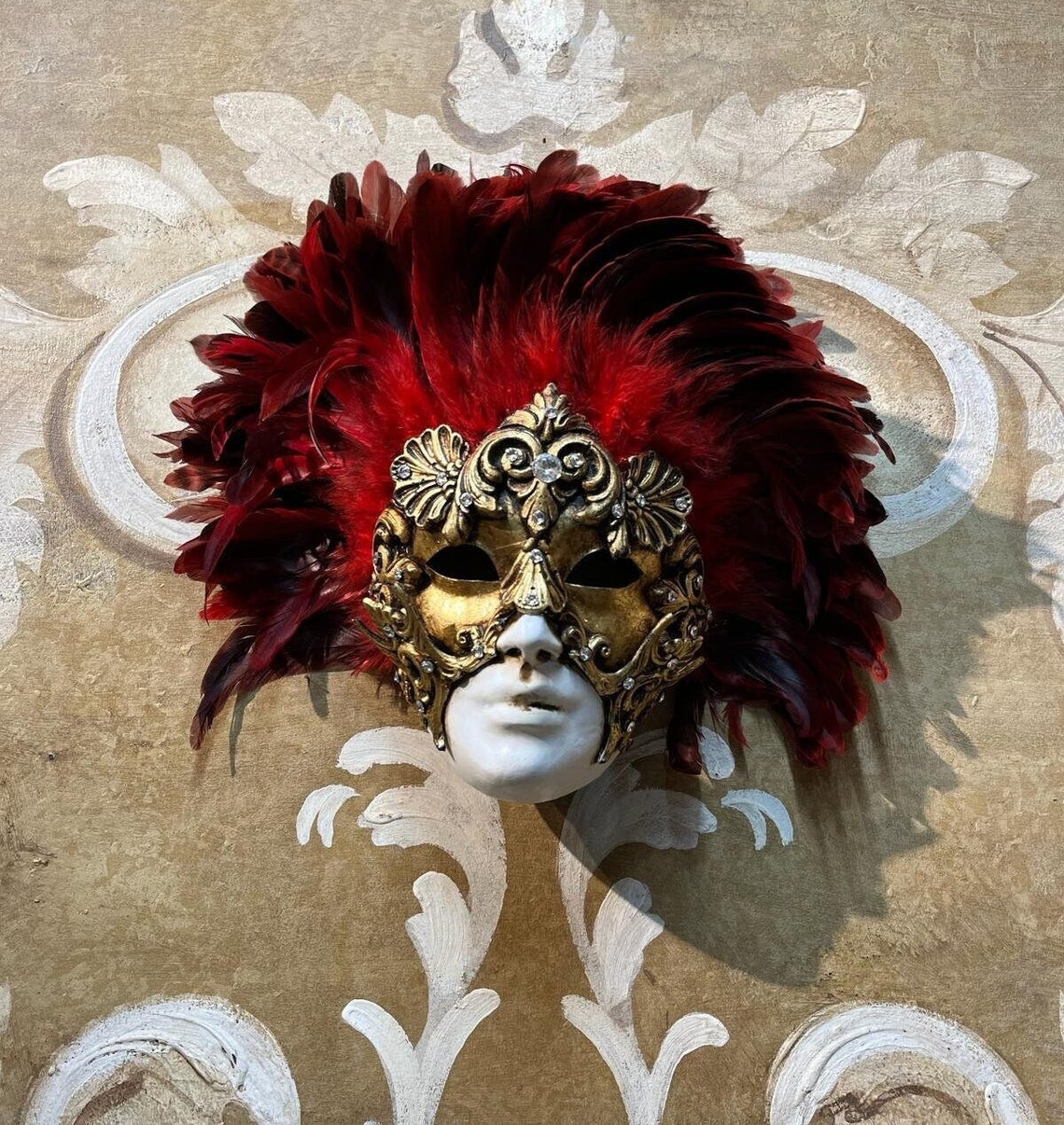 Maschera Veneziana,maschera Di Piume Barocche Rosse,maschera Originale ...