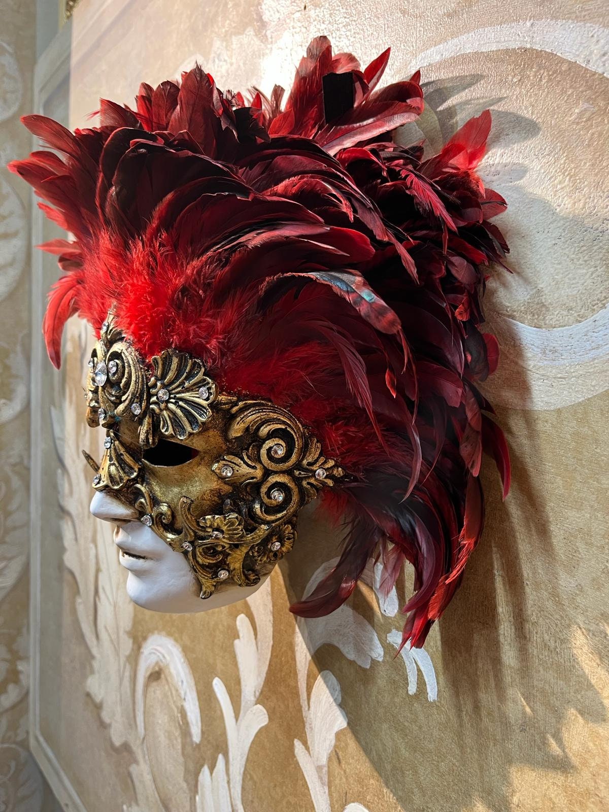 Maschera Veneziana,maschera Di Piume Barocche Rosse,maschera Originale ...