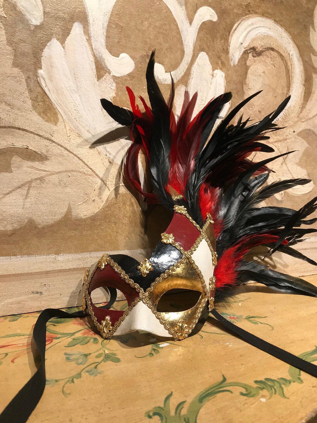 Venetian Mask,winged Mask Red and Black Feathers,original Mask - Etsy
