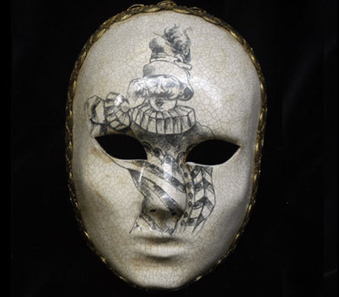 Masquerade Mask White and Black With Handmade Pencil Sketch - Full Face ...
