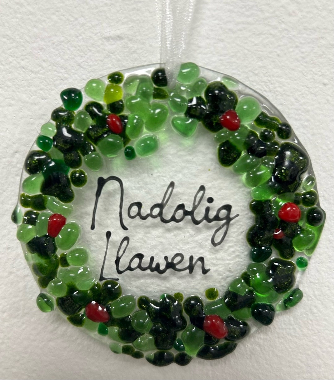 Nadolig Llawen Welsh Christmas Wreath Fused Glass Suncatcher Hanging ...