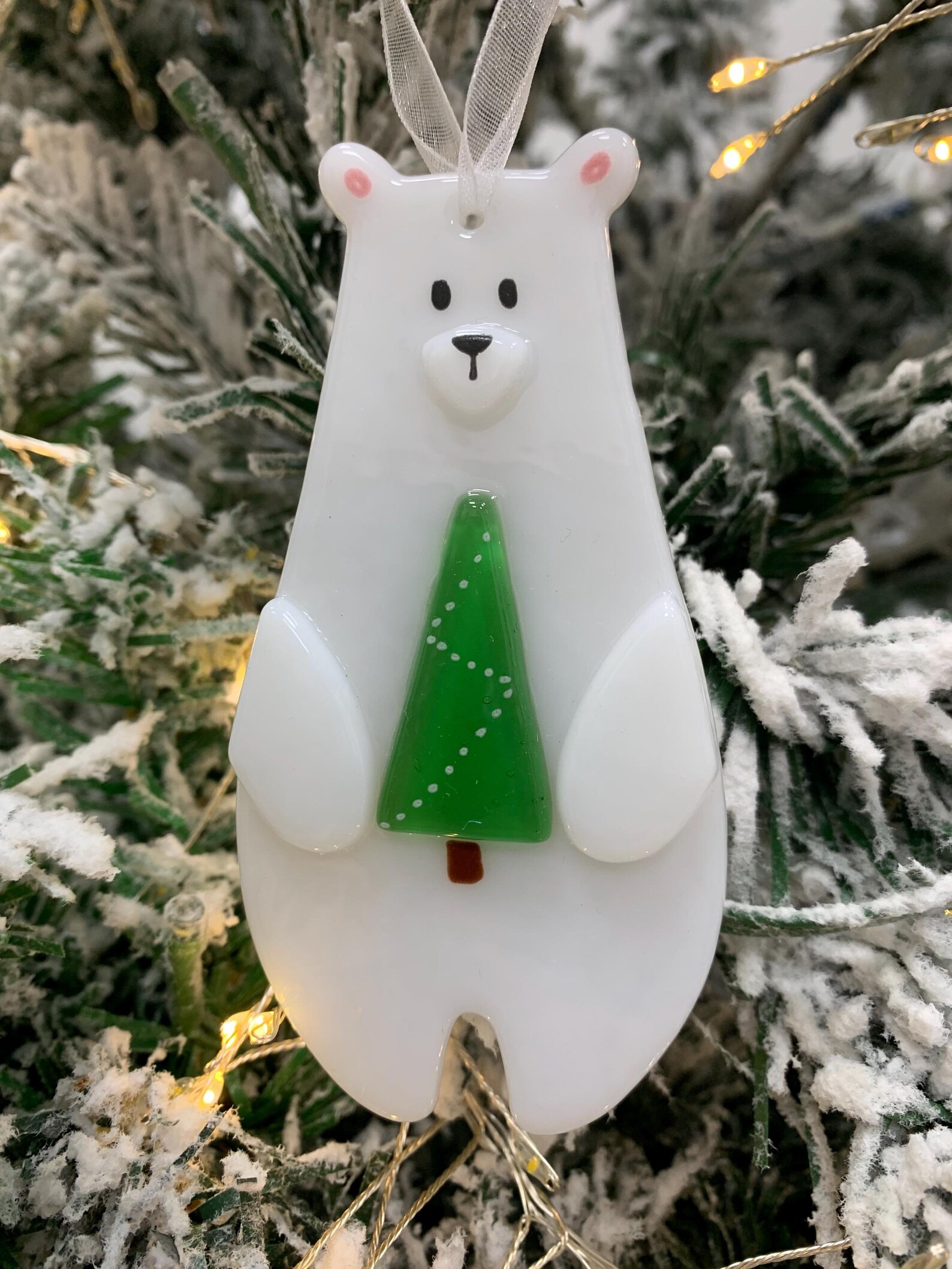 Handmade Fused Glass Polar Bear Christmas Tree Decoration – Red Scarf ...