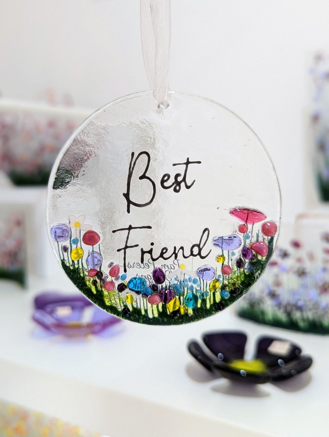 Best Friend Wildflower Fused Glass Suncatcher Hanging Decoration, Ideal ...