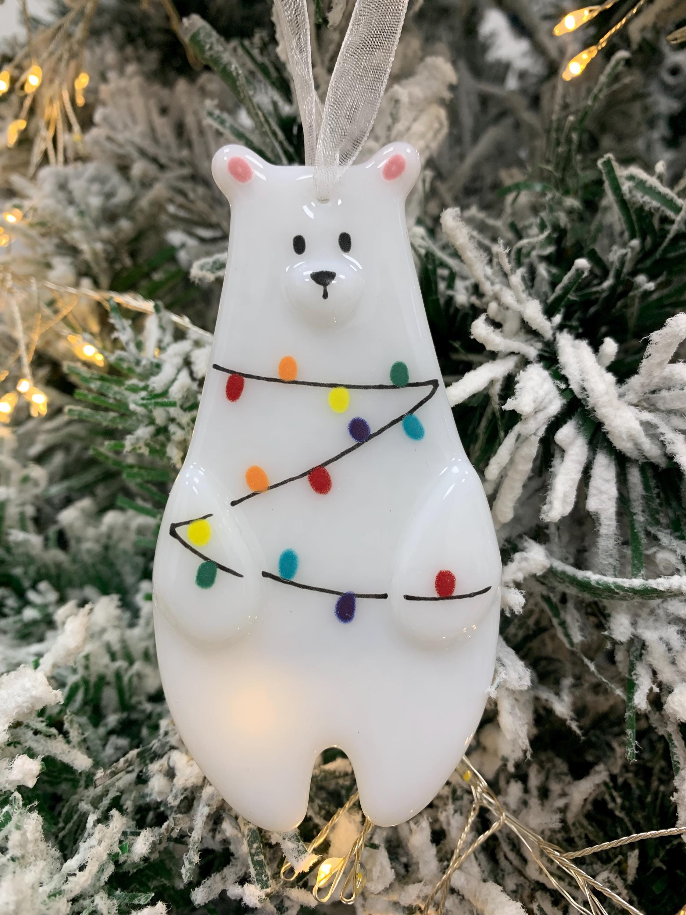 Handmade Fused Glass Polar Bear Christmas Tree Decoration – Red Scarf ...