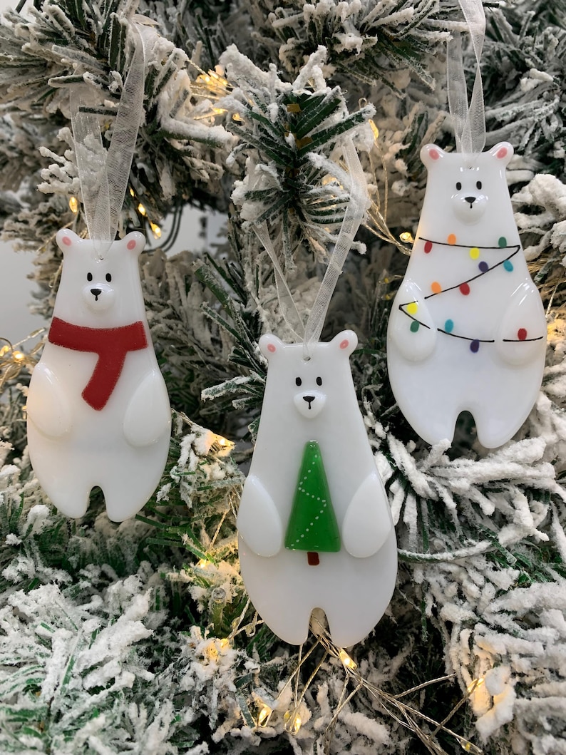 Handmade Fused Glass Polar Bear Christmas Tree Decoration – Red Scarf ...
