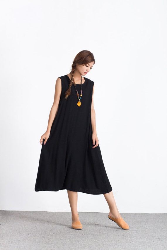 Linen Dress With Pockets Women Sleeveless Midi Cotton Dress Etsy