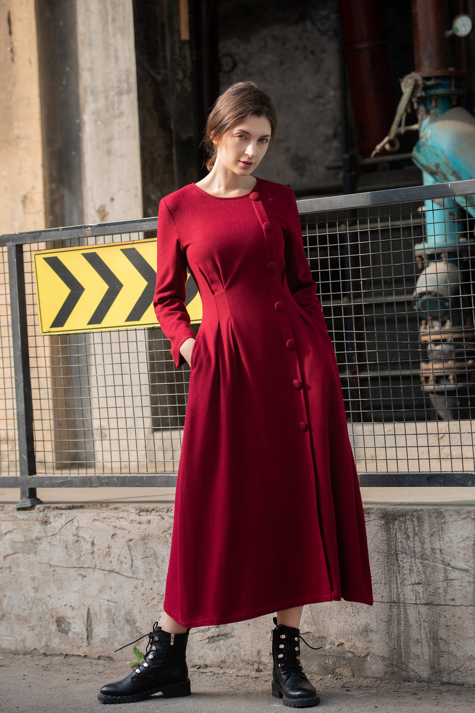 Women Wool Dress Long Sleeves Maxi Dress Fall Winter Retro Fit - Etsy