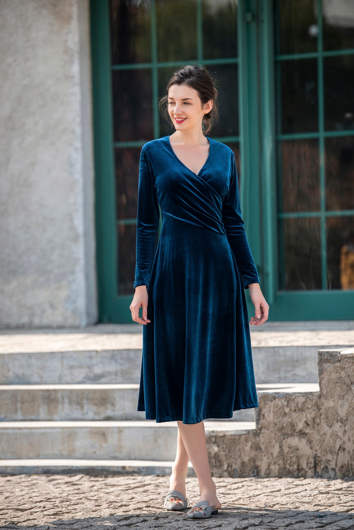 Blue Velvet Dress Long Sleeves Midi Bridesmaid Dress Spring | Etsy