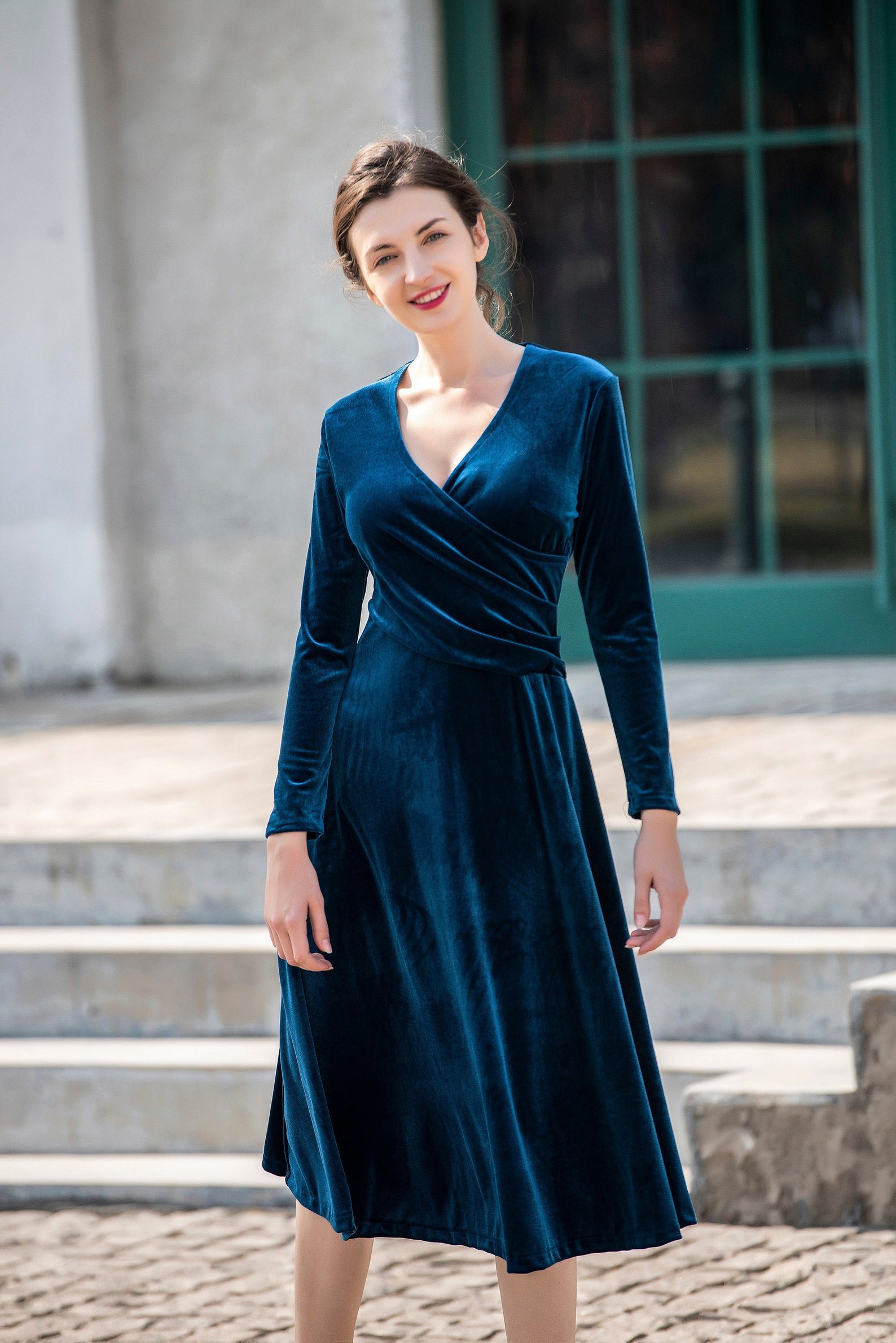 Blue Velvet Dress Long Sleeves Midi Bridesmaid Dress Spring | Etsy