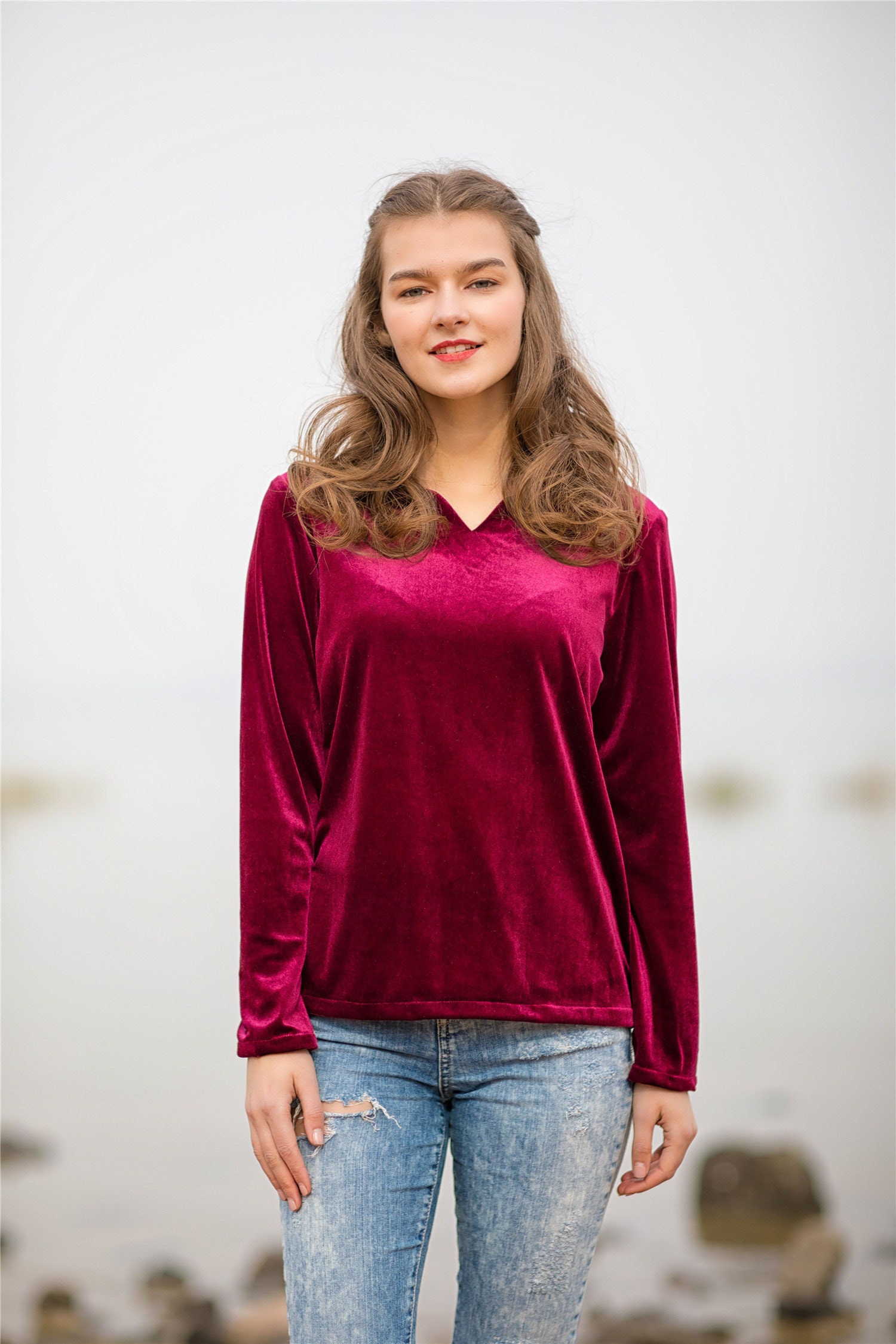 Women's Velvet Tops Long Sleeves Shirt V Neck Velvet - Etsy