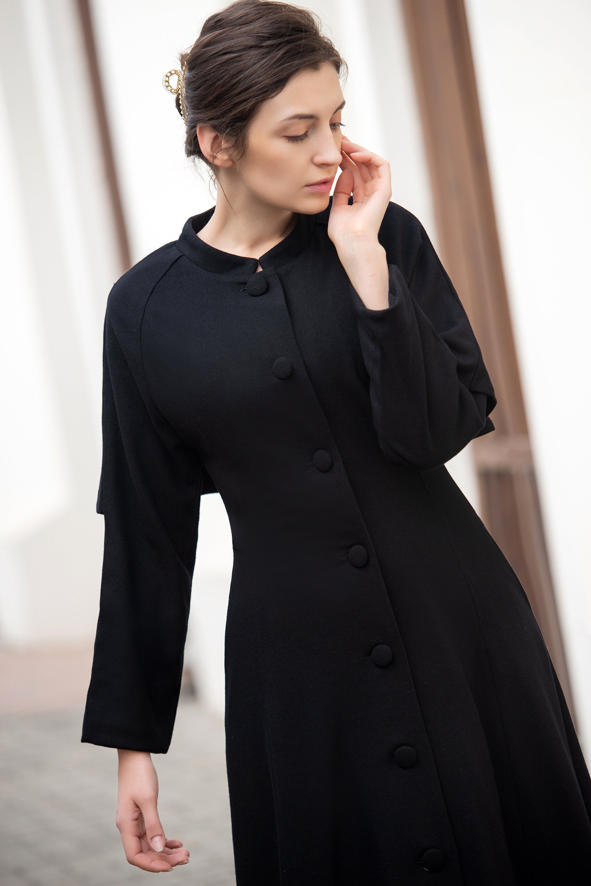 Black Long wool dress Long sleeve vintage dress Swing dress | Etsy