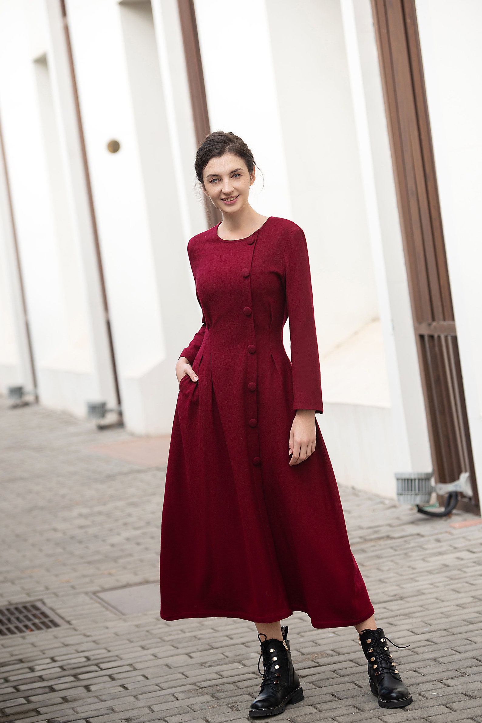 Women Wool Dress Long Sleeves Maxi Dress Fall Winter Retro Fit - Etsy