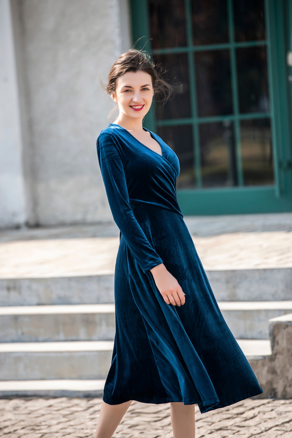 Blue Velvet Dress Long Sleeves Midi Bridesmaid Dress Spring | Etsy
