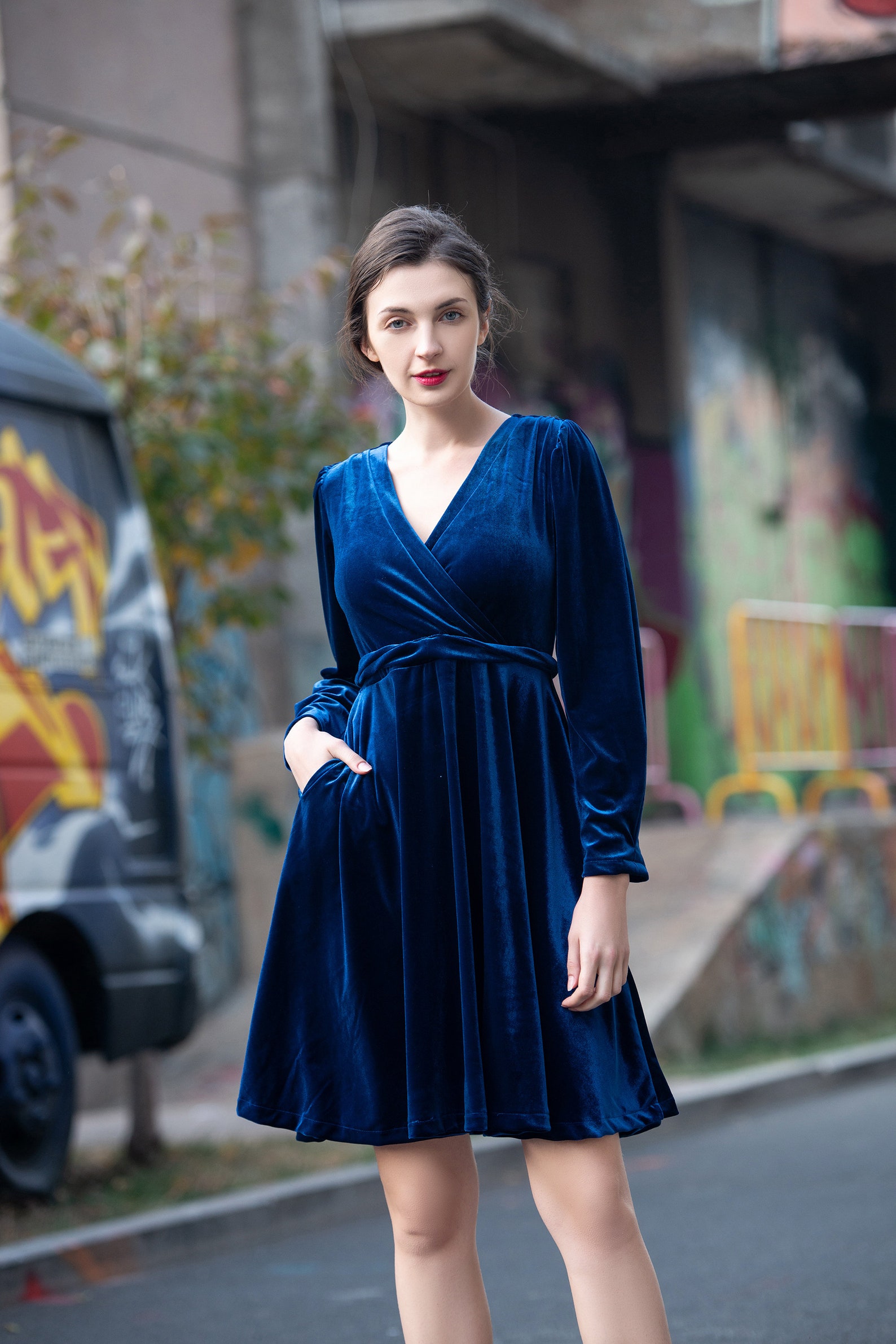 Velvet Dresses for Women Long Sleeve Dress Winter Wrap V Neck - Etsy