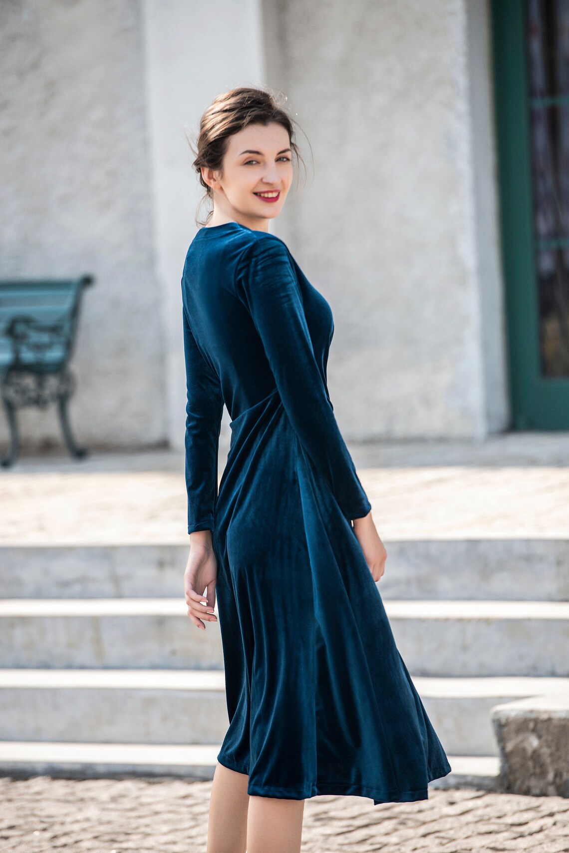 Blue Velvet Dress Long Sleeves Midi Bridesmaid Dress Spring | Etsy